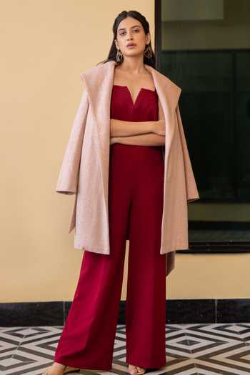 Buy Pink Suede Overcoat Flap Collar And Jumpsuit Notch & Set For Women ...