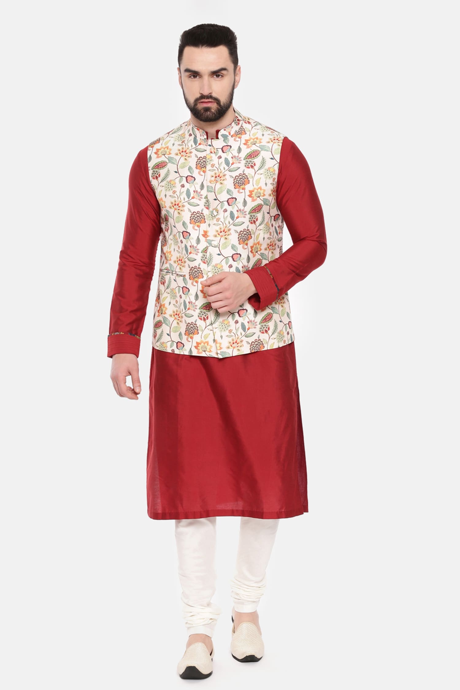 Buy Off White Muslin Print Floral Botanical Nehru Jacket For Men by ...