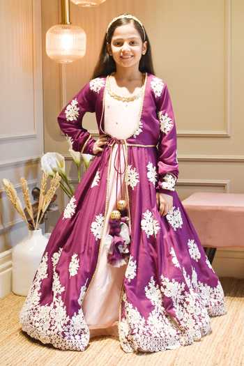 Buy FAYON KIDS Pink Floral Embroidered Jacket With Anarkali For Girls ...