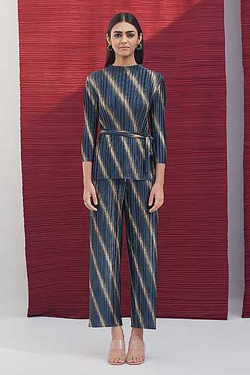 Buy Green Polyester Round Metallic Striped Top And Pant Set For Women ...