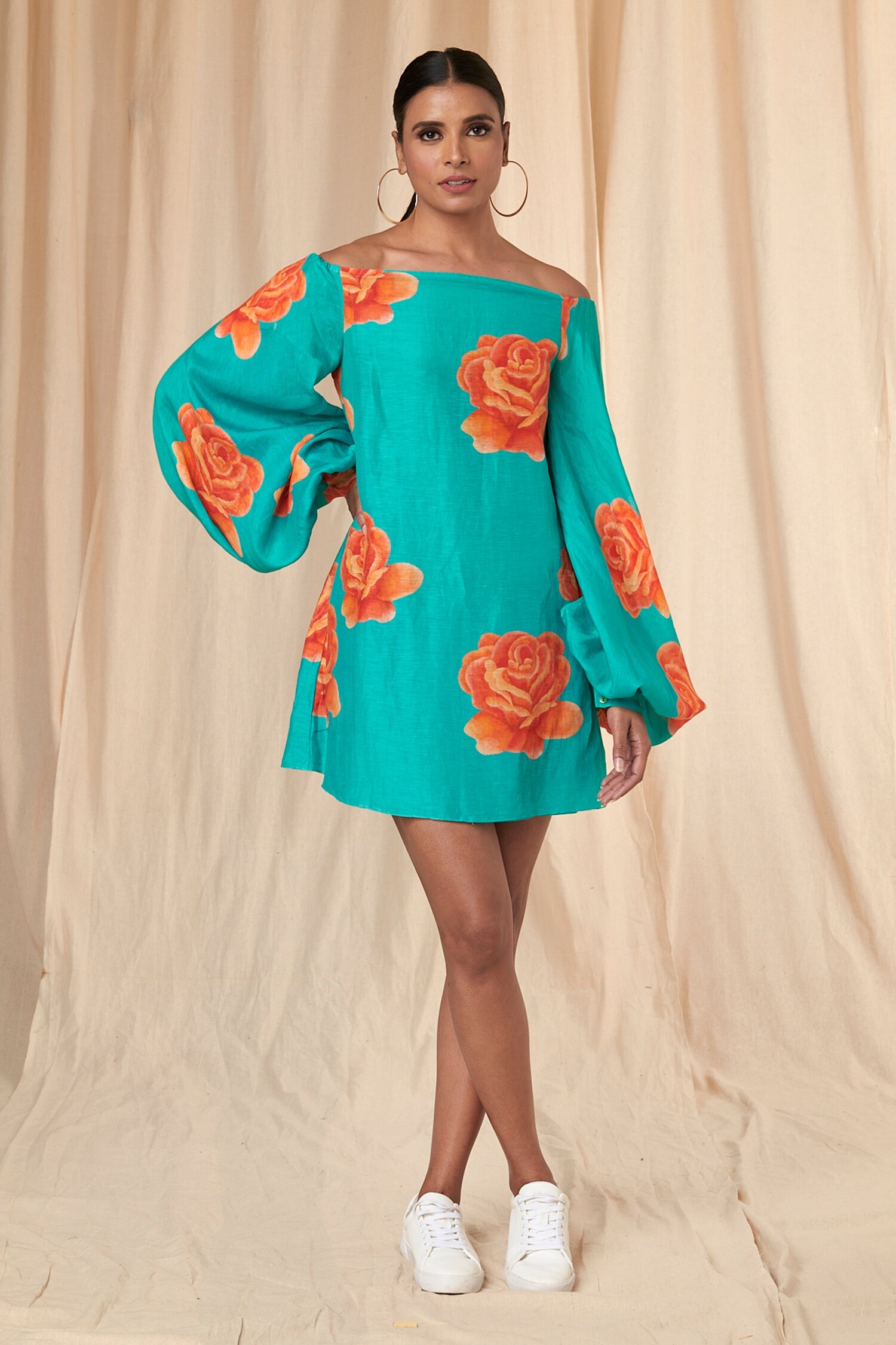 Buy Masaba Blue Bemberg Linen Kat Rosy Print Off Shoulder Short Dress ...