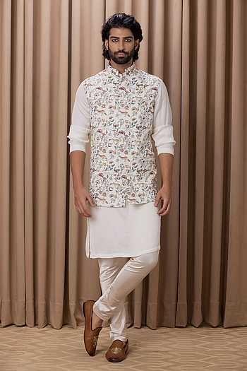 Buy Off White Cotton Silk Digital Print Floral Patterns Amaani Nehru ...