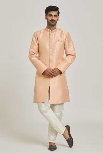 Buy Peach Sherwani Banarasi Jacquard Floral Button Down Pattern Set For ...