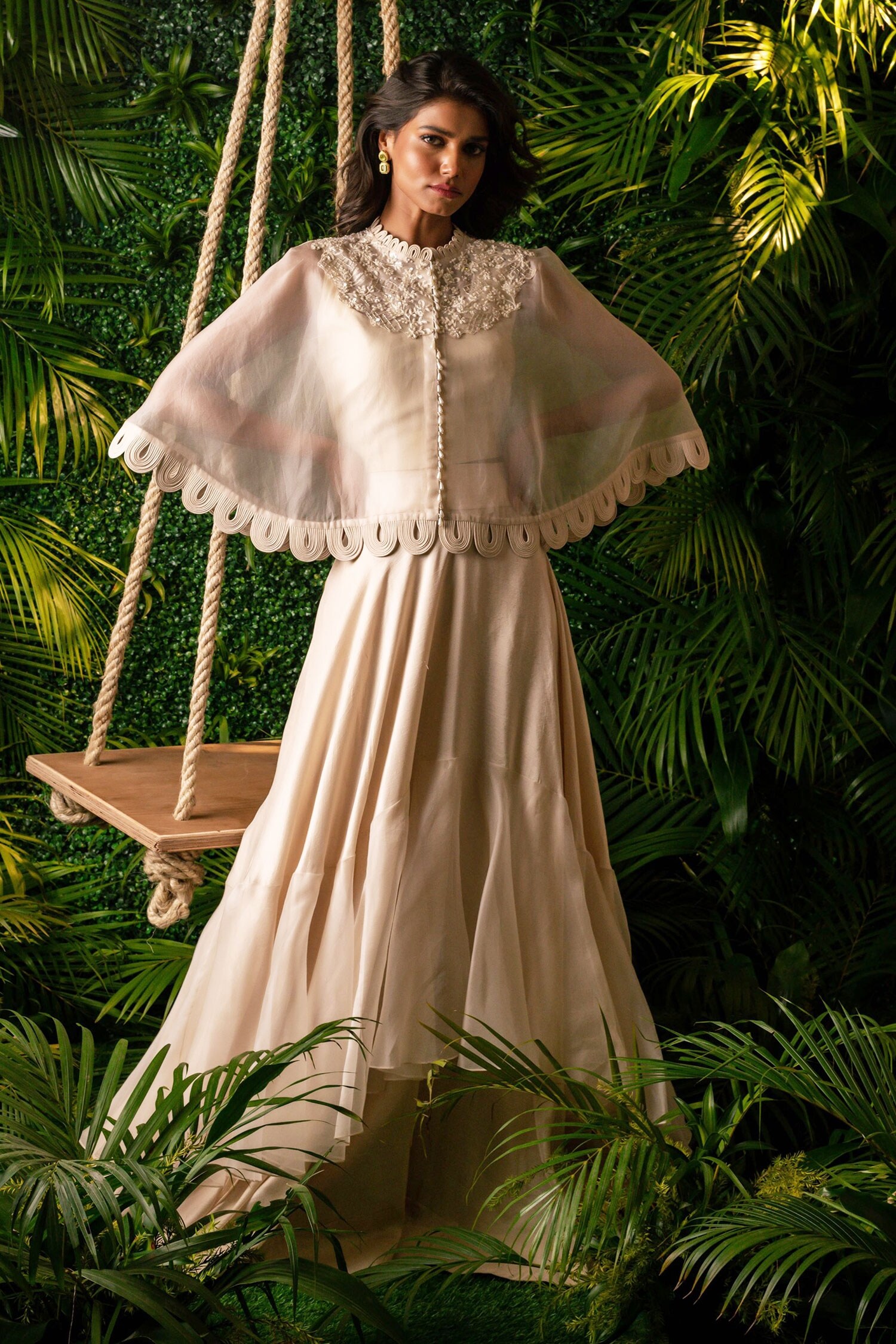 Buy Ivory Dupion Embroidery Thread High Neck Scallop Hem Cape And ...