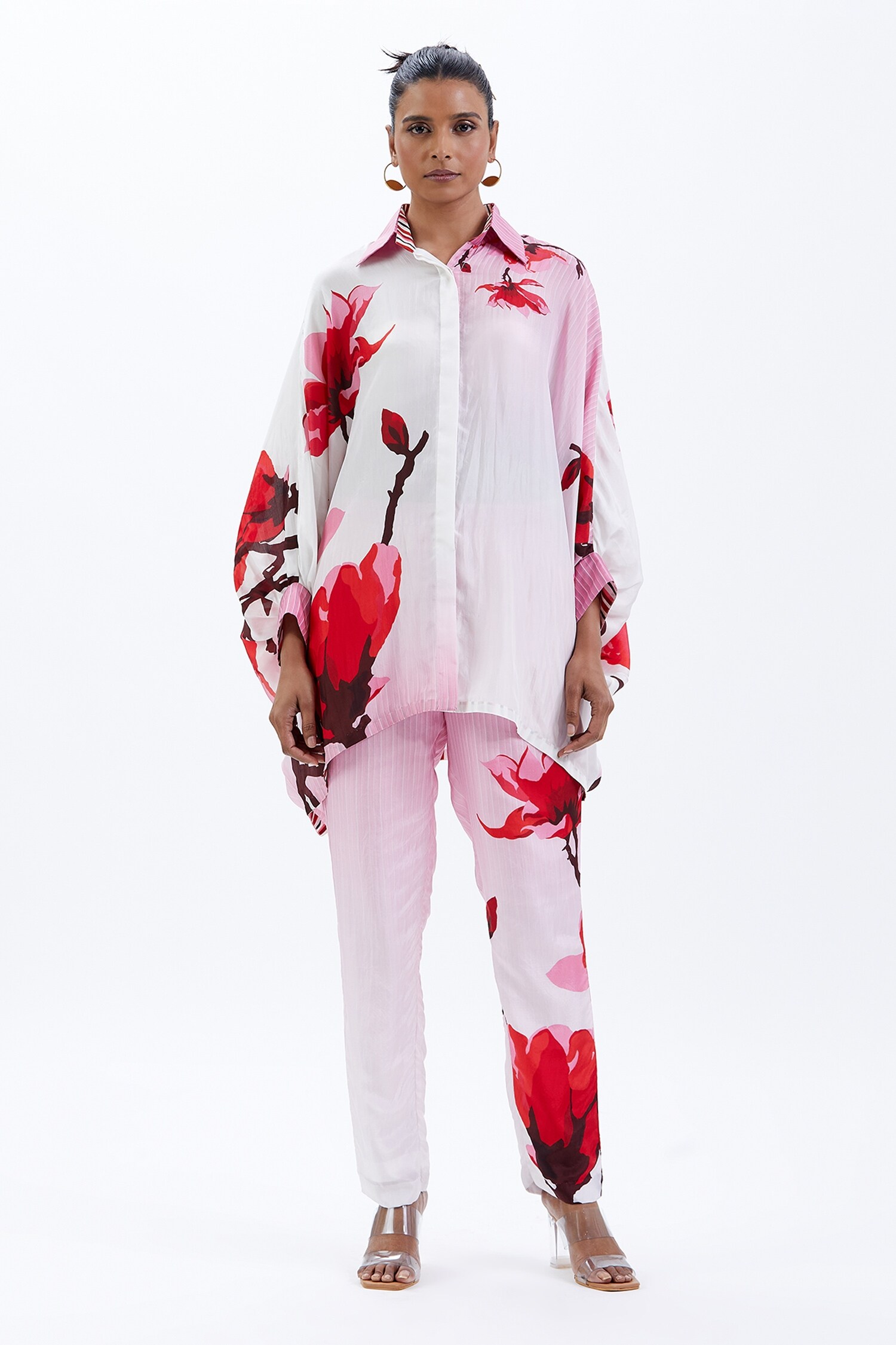 Buy White Habutai Silk Print Floral Gulistan Cape Shirt And Trouser Set ...