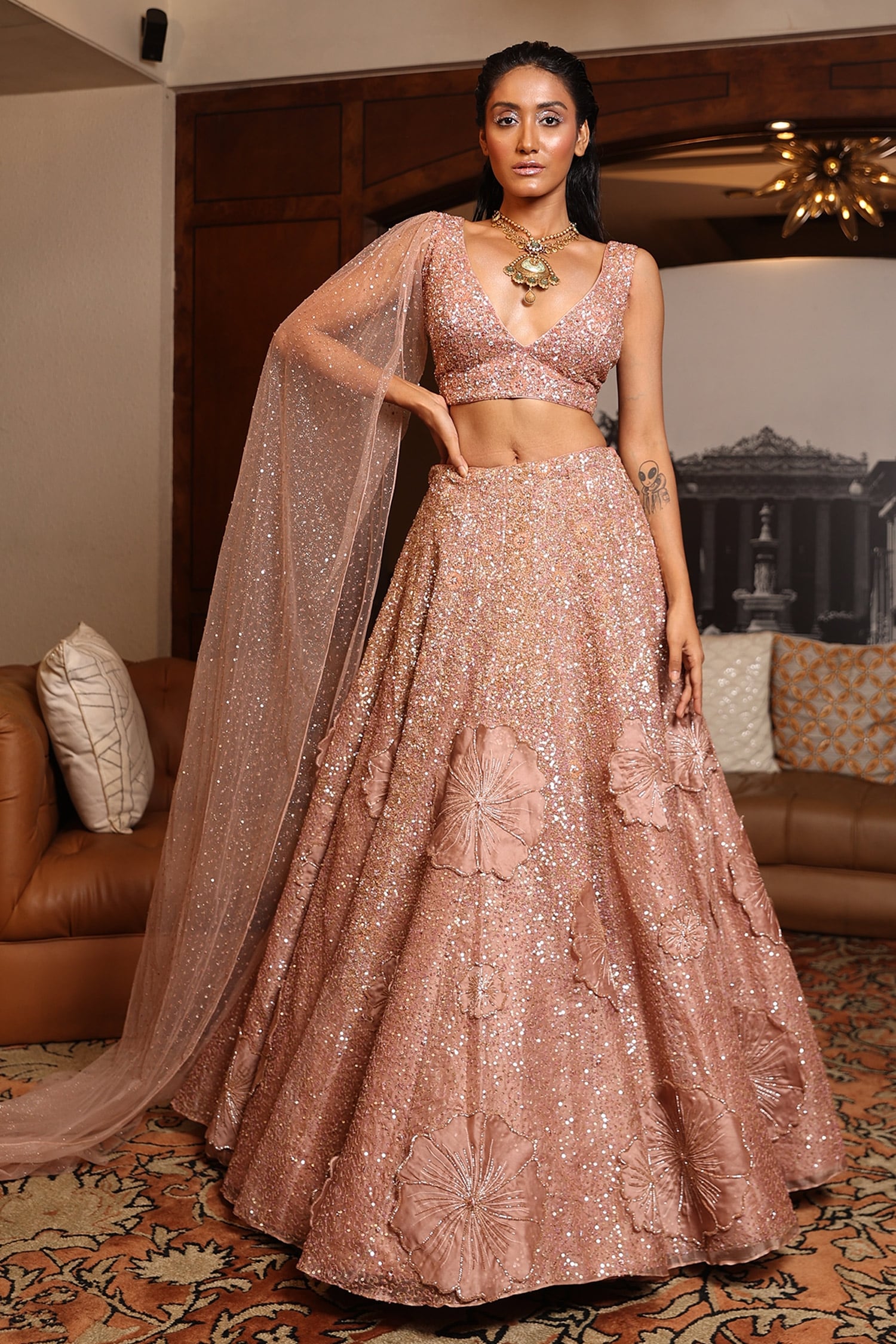 Buy Gold Organza Embroidered Floral V Neck Sequin Lehenga And Blouse