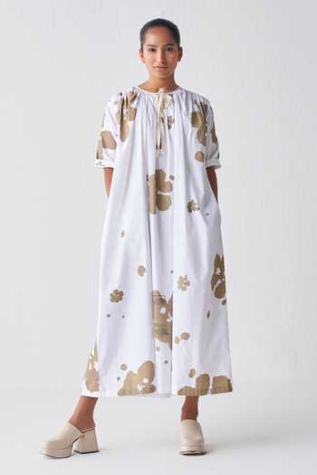 Buy Three White Poplin Gathered Neck Printed Dress Online | Aza Fashions