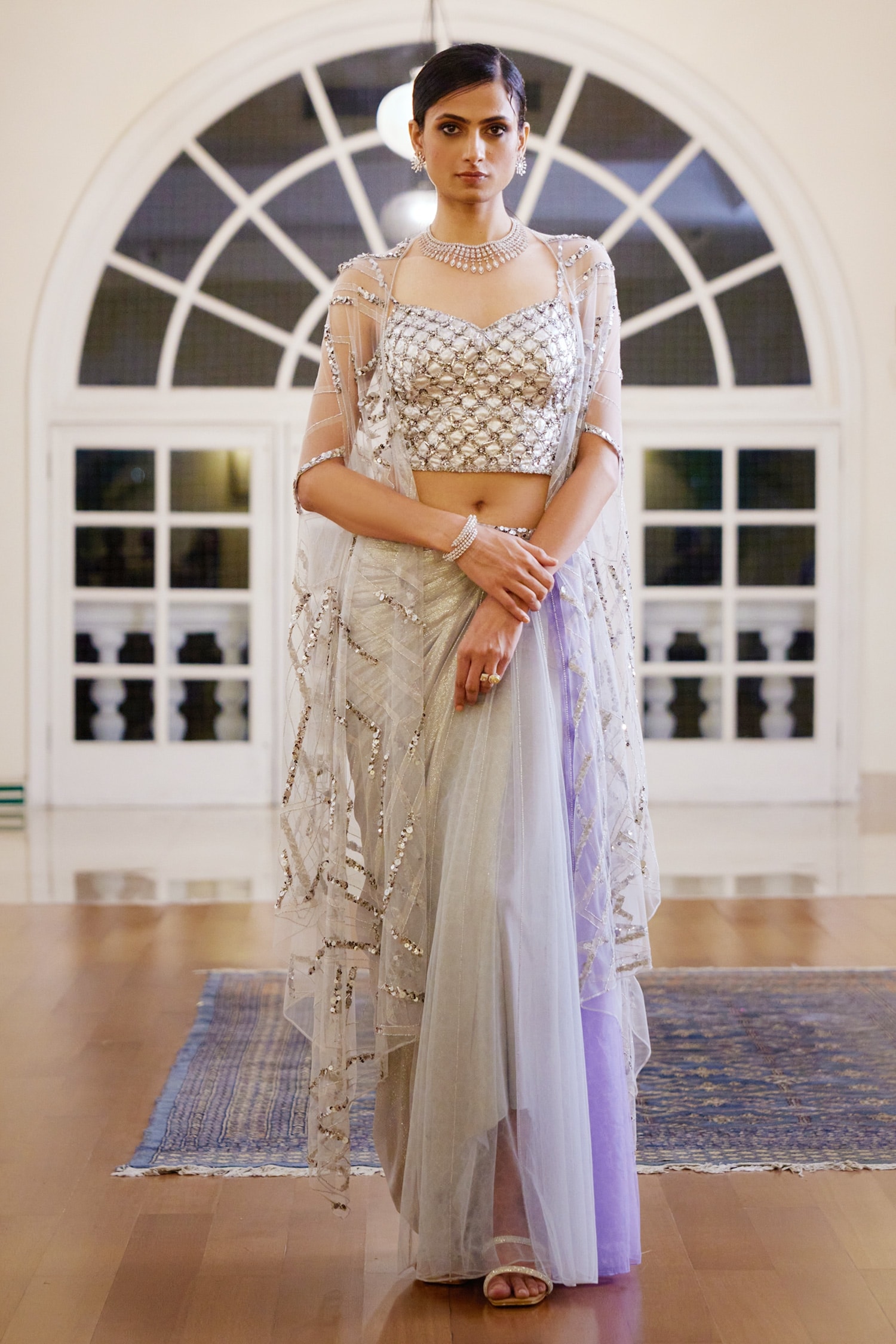 Buy Silver Skirt- Lurex Embroidery Beads And Sequin Mirai Corset Top ...