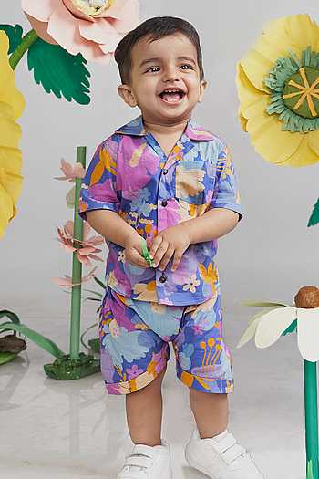 Buy Purple 100% Organic Cotton Printed Floral Daffy Shirt And Shorts ...