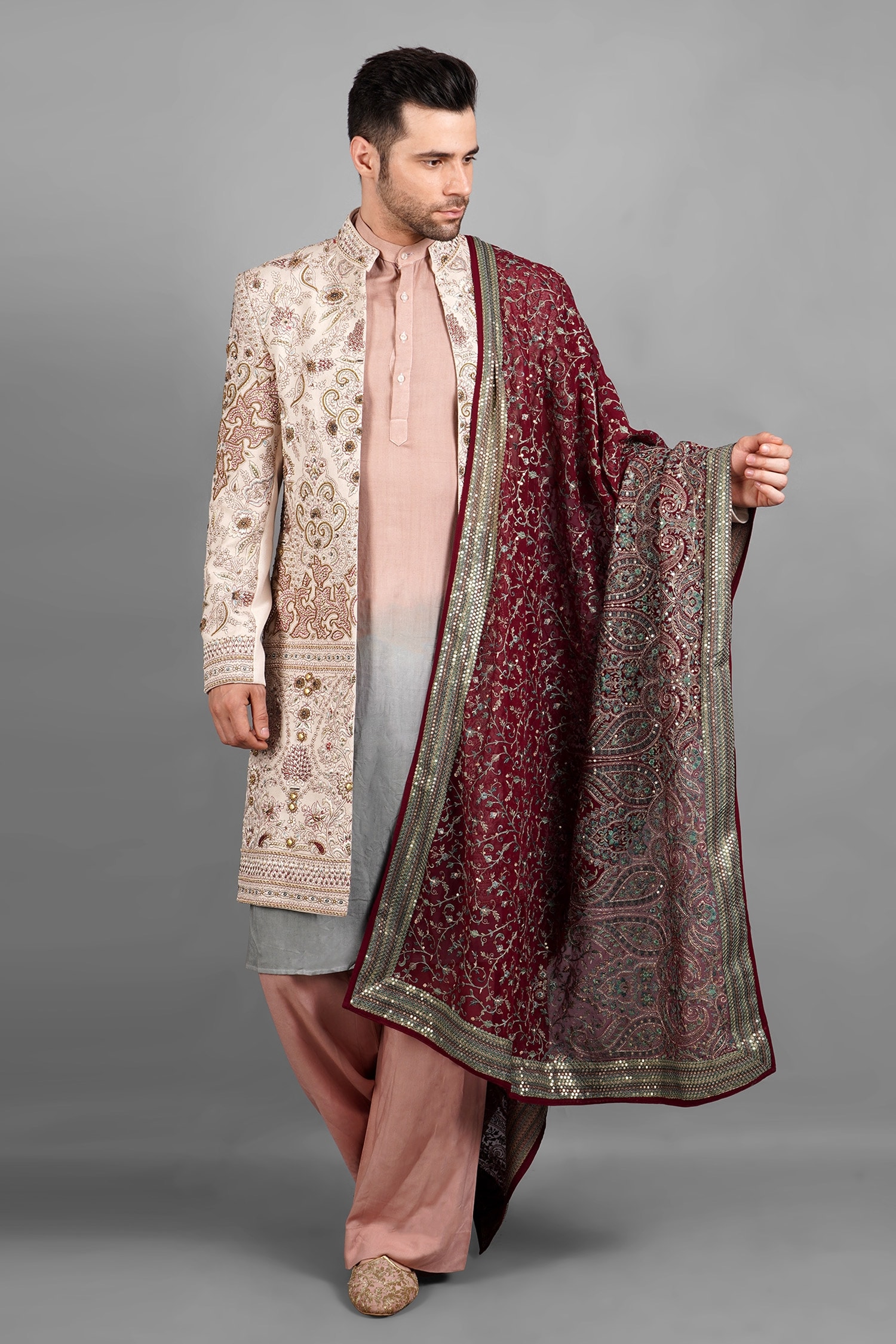 Buy Soniya G Ivory Pashmina Thread Embroidered Sherwani Set Online ...