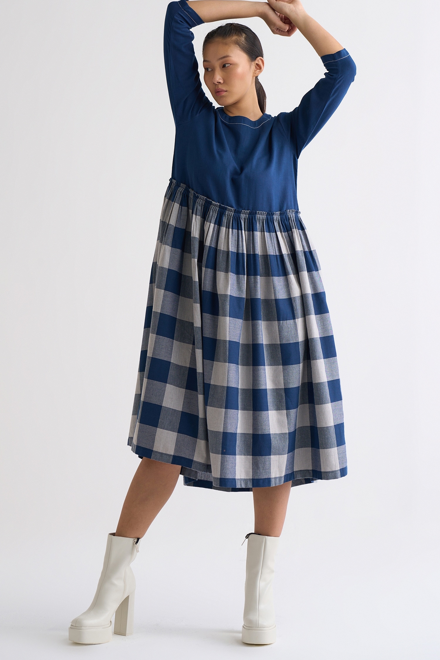 Buy Blue Melange Checkered Round Pattern Flared Dress With Scarf For ...