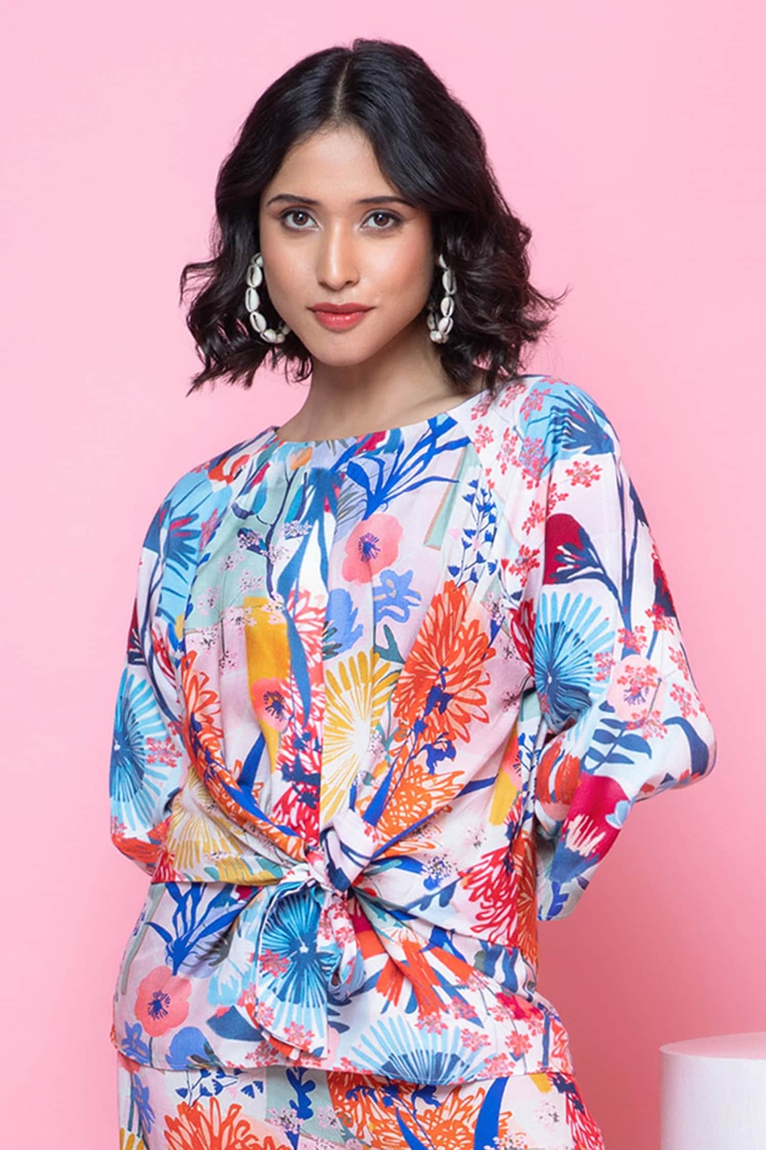 Buy Rhe-Ana Blue Rayon Blooming Flower Print Knotted Top Online | Aza ...