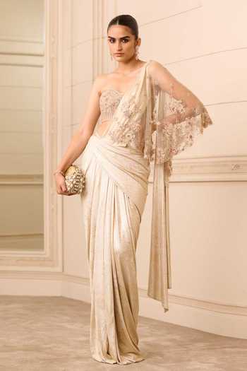 Buy Beige Corset Tulle Embroidered Floral Sweetheart Concept Pre-draped ...