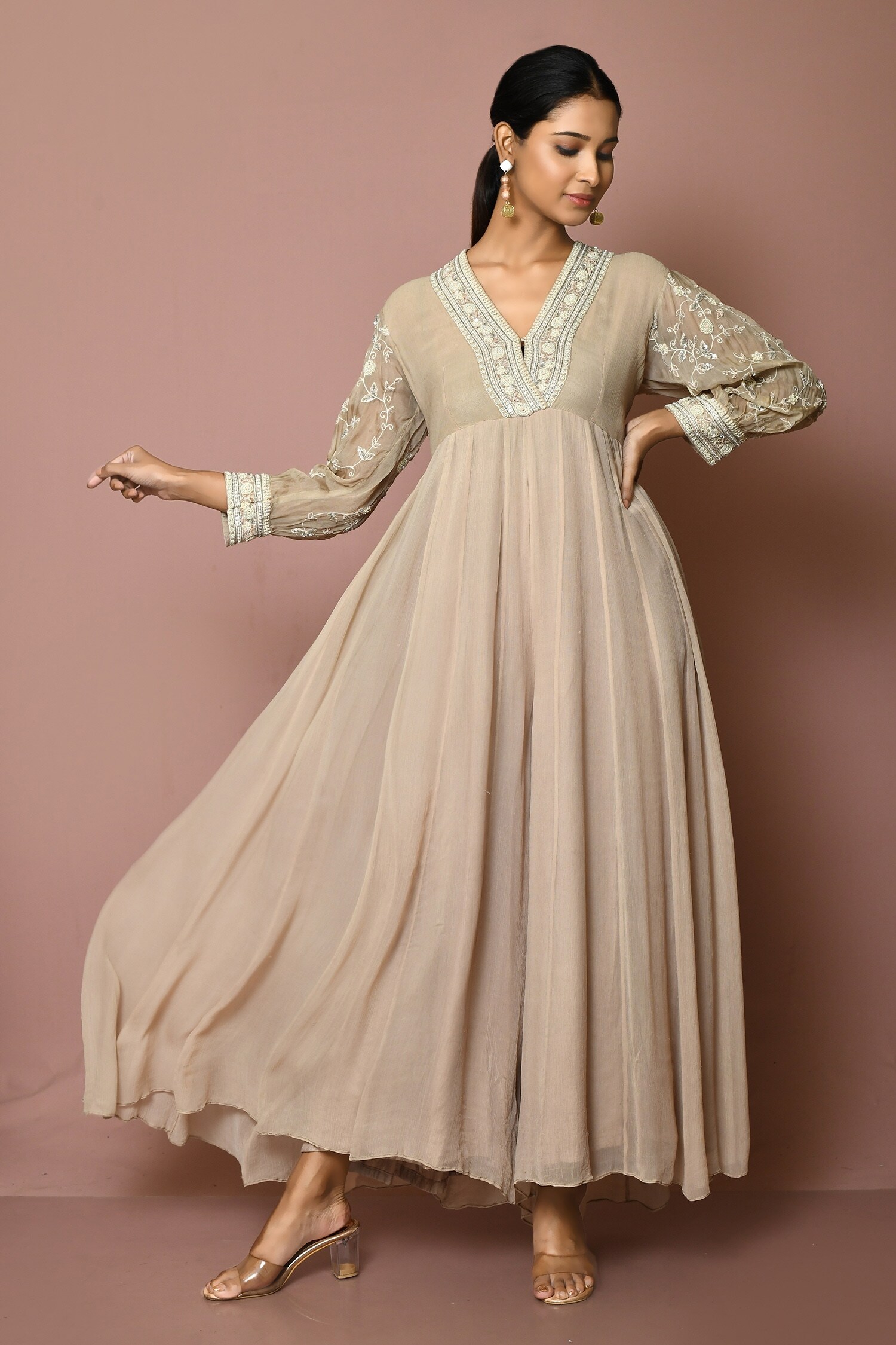 Buy Beige Chiffon Embroidery Pearl V Neck Zardozi Placket Jumpsuits For Women by Khwaab by ...