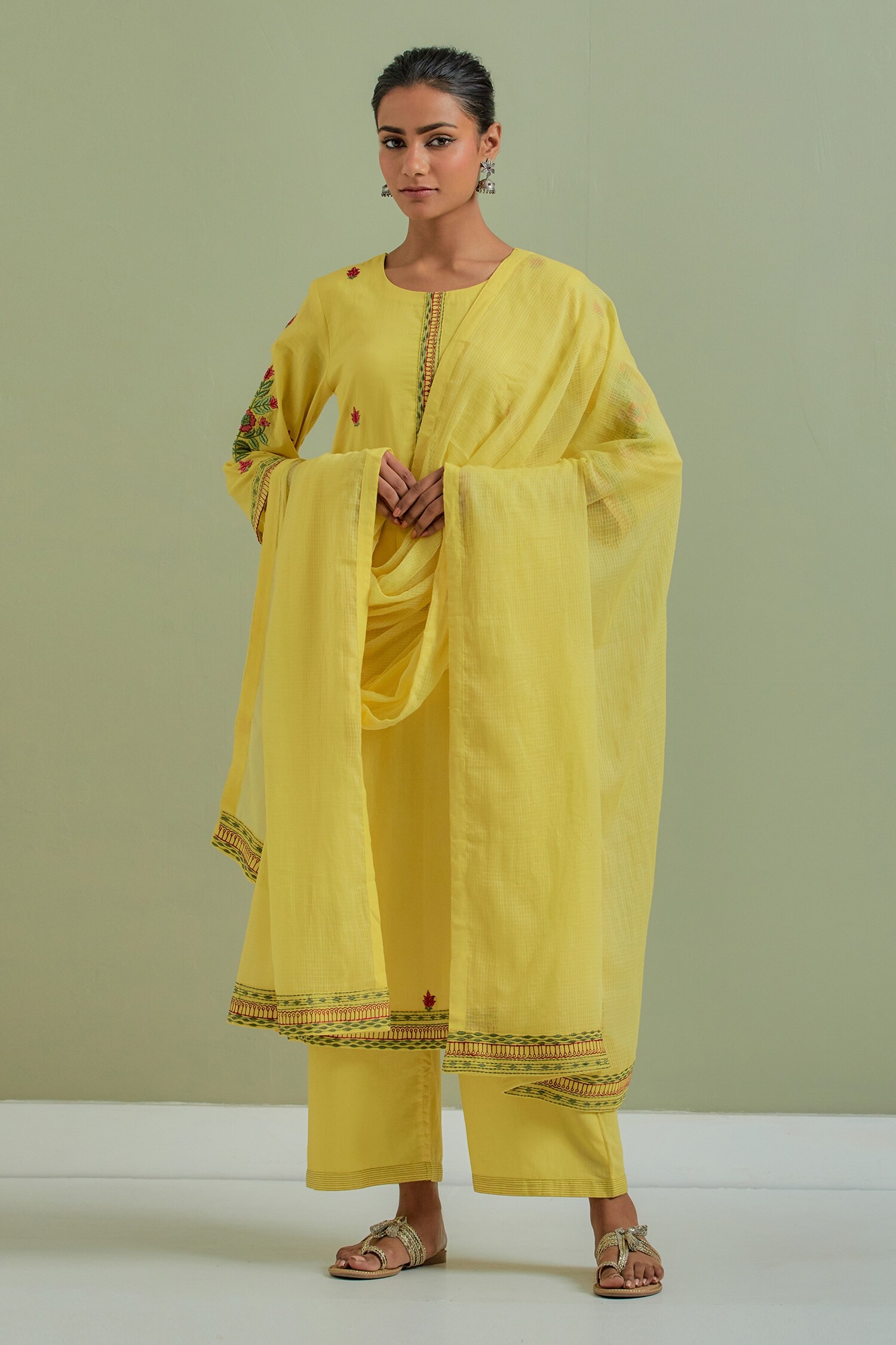 Buy Priya Chaudhary Yellow Cotton Embroidered Kurta Pant Set Online ...