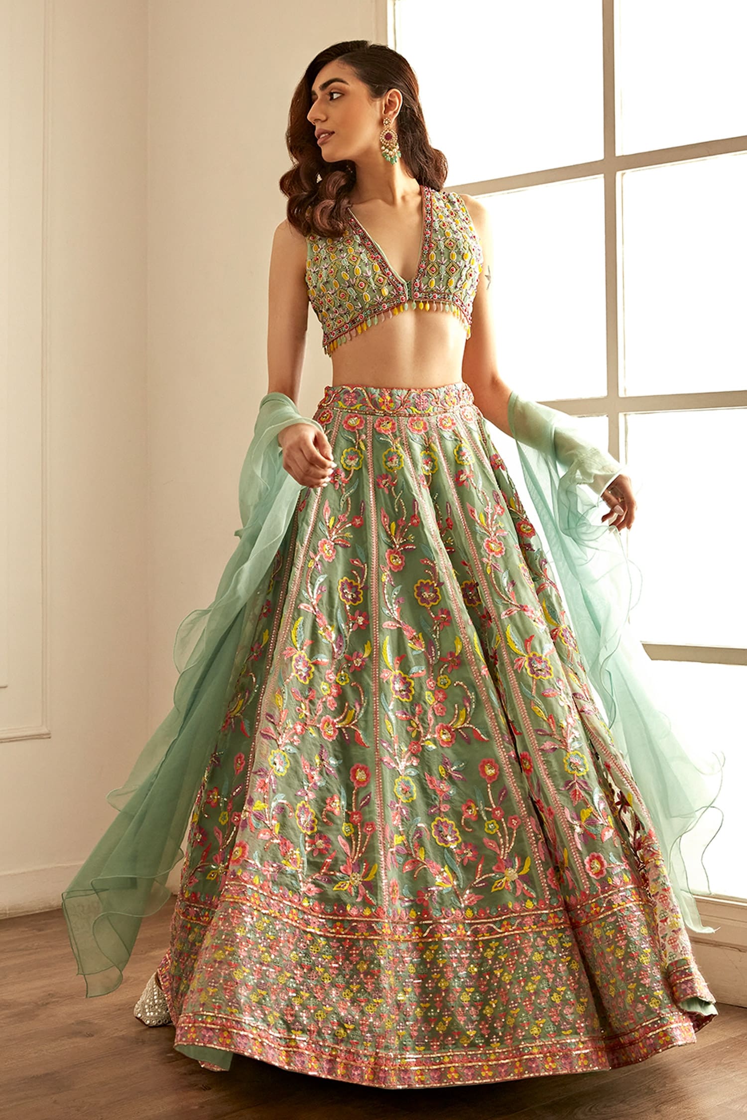 Buy Green Organza Embroidery Stones Plunge V Gauhar Floral Lehenga Set For Women by Studio Iris ...