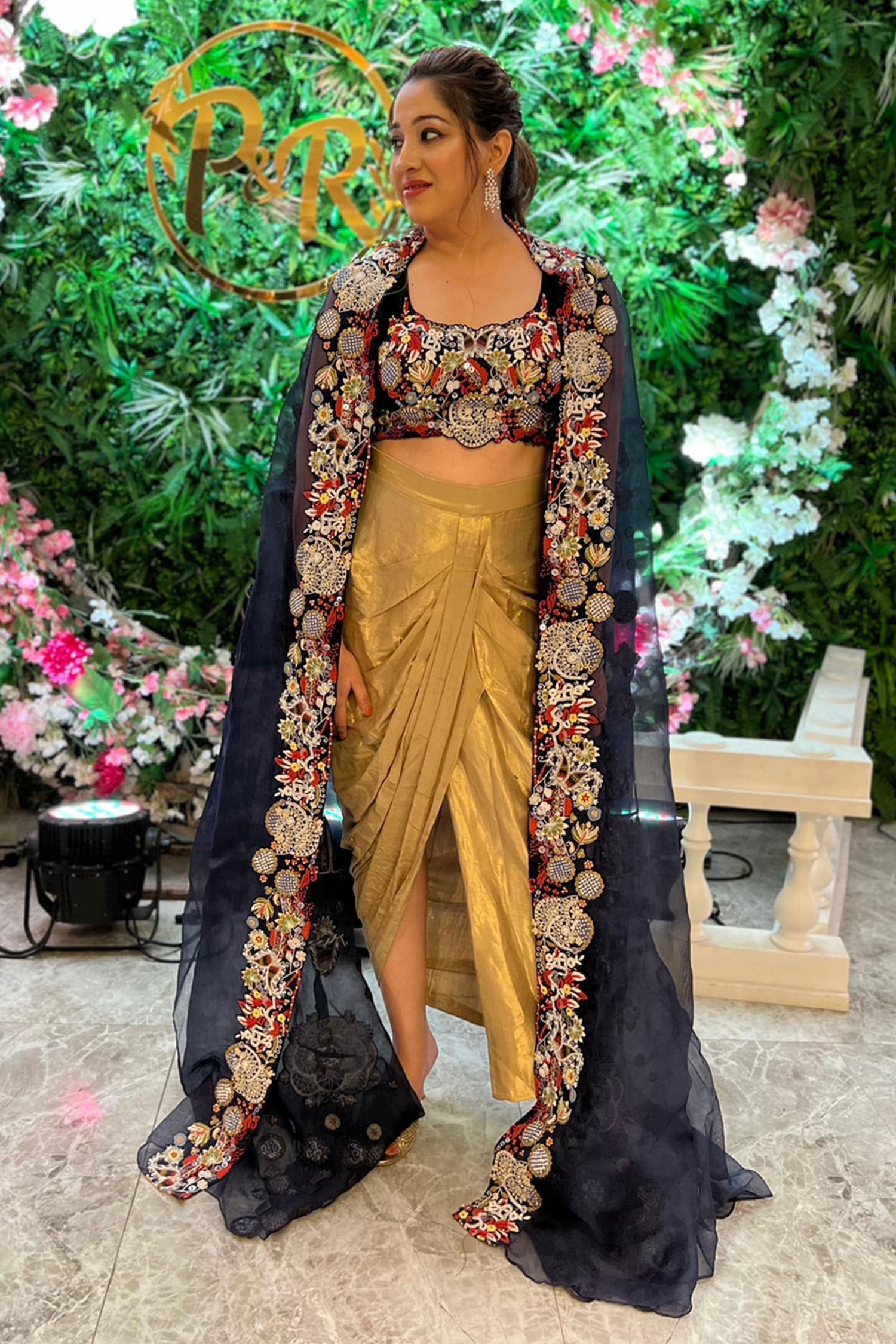 Buy Blue Tissue Embroidery Floral Bustier: Round Cape Skirt Set For ...