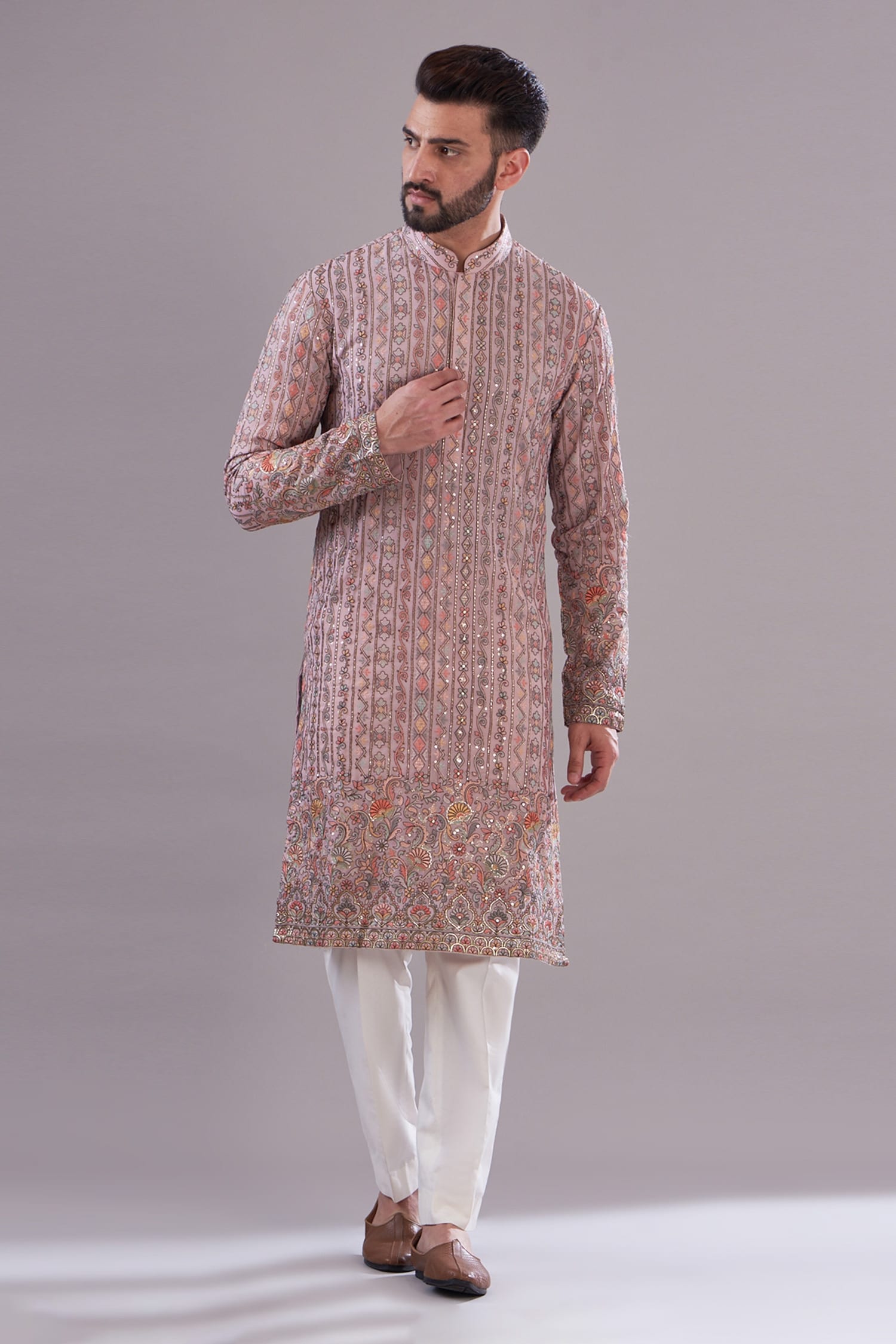 Buy Pink Georgette Embroidered Thread Work Multi Floral Kurta For Men ...