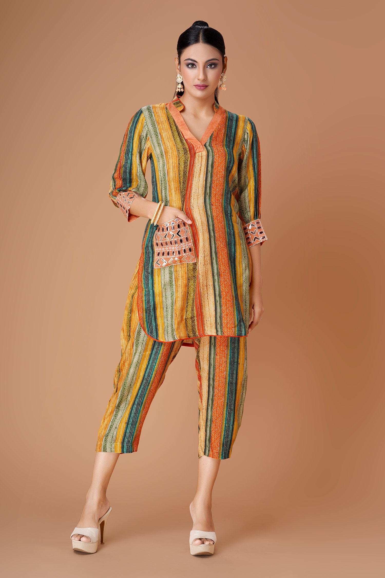 Buy Multi Color Muslin Silk Embroidered Stripe Pattern Tunic And Pant ...