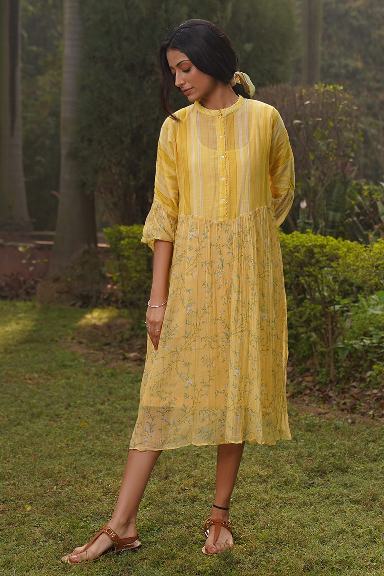 Buy Dhaari Yellow Handwoven Cotton Silk Hand Painted Pleated Dress ...