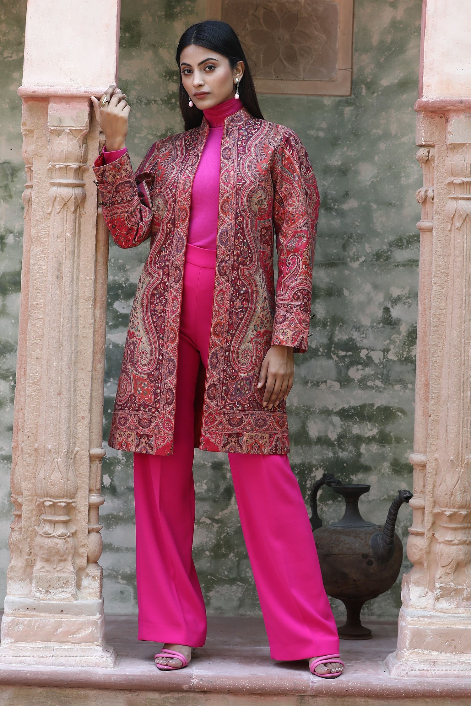 Buy Red Pashmina Hand Woven Thread Collar Floral Motif Long Jacket For ...