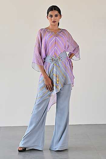 Buy Purple Georgette Chevron Pattern And Embellished Beads V Top Pant ...