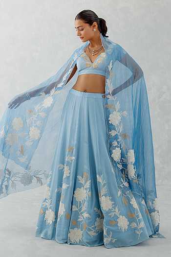 Buy Devnaagri Blue Cotton Silk Satin Flower And Leaves Embroidered ...