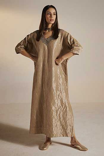 Buy Grey Handloom Tissue Embroidery Floral V Neck Noor Kaftan For Women ...