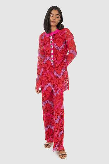 Buy Red Lace Embroidered Floral Pattern Peter Pan Collar Tunic And Set ...