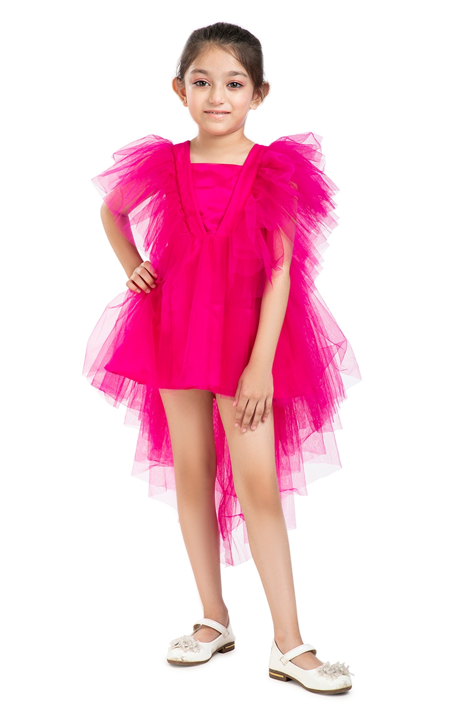 Buy Fuchsia 100% Poly Tulle Solid Asymmetric Hem Dress For Girls by Byb ...