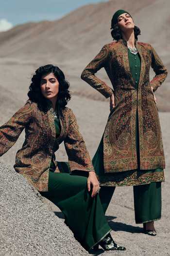 Buy Green Kurta Embroidery Floral Kurta Set With Flower Woven Jacket ...