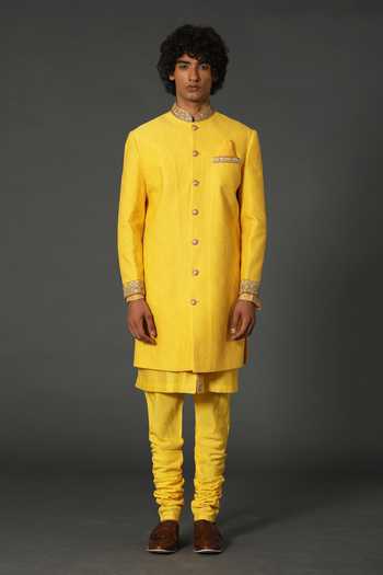 Buy Rar Studio Yellow Shantoon Sequin Embroidered Border Sherwani Set ...