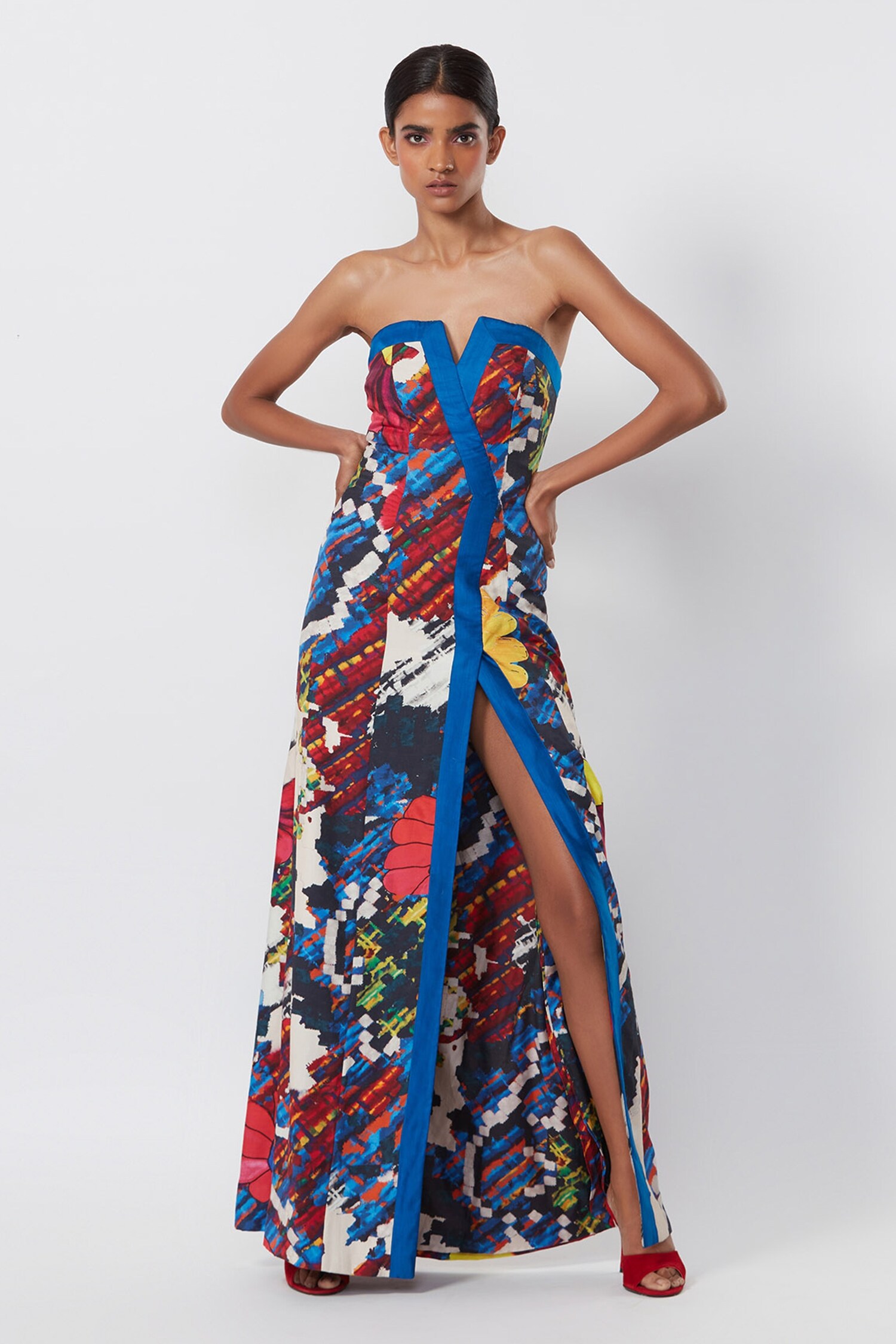 Buy Blue Satin Printed Abstract Floral Patterns Notched Slit Dress For ...
