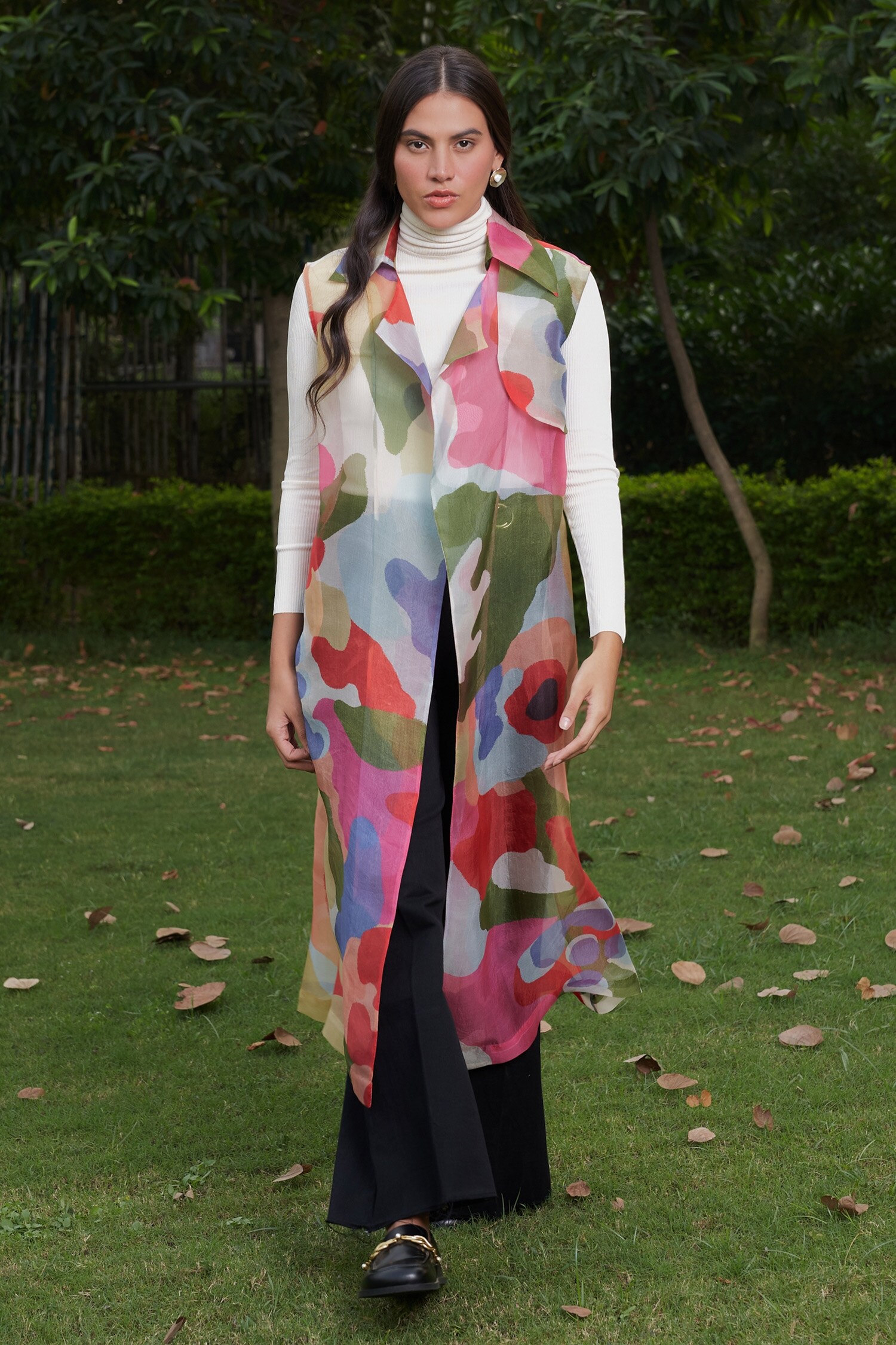 Buy Ode To Odd Multi Color Silk Organza Notched Collar Trench Coat ...
