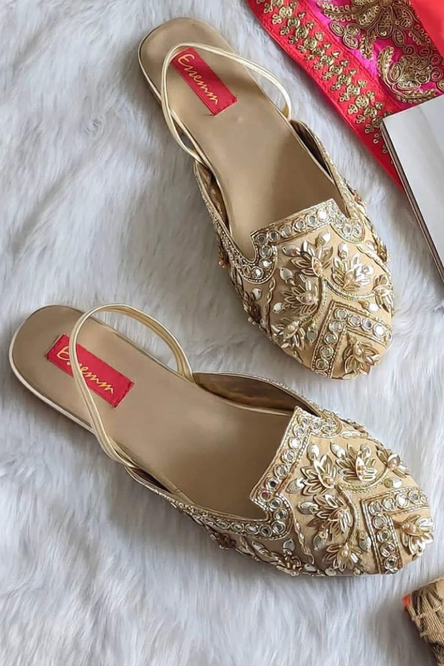 Buy Essem Gold Faux Leather Jenny Floral Embroidered Mules Online | Aza ...
