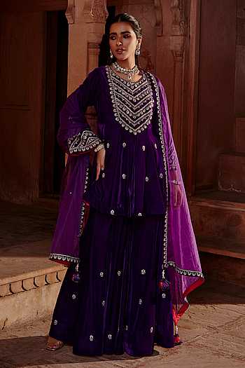 Buy Ajiesh Oberoi Purple Velvet Embroidered Kurta Gharara Set Online ...