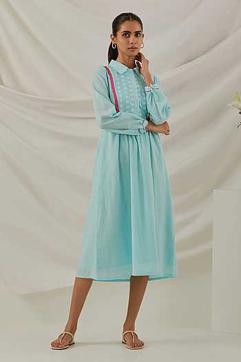 Buy TIC Blue Cotton Zaid Placed Chikankari Embroidered Dress Online ...