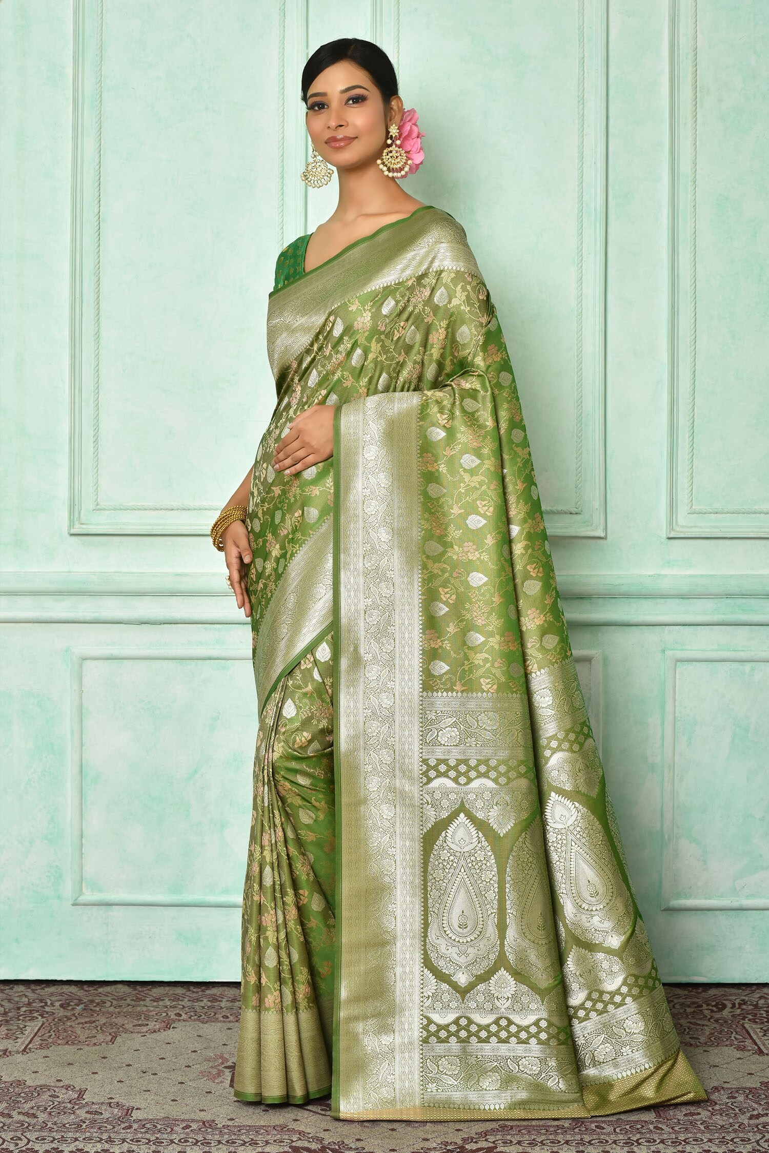 Buy Green Katan Jamawar Silk Woven Garden Saree With Running Blouse For ...
