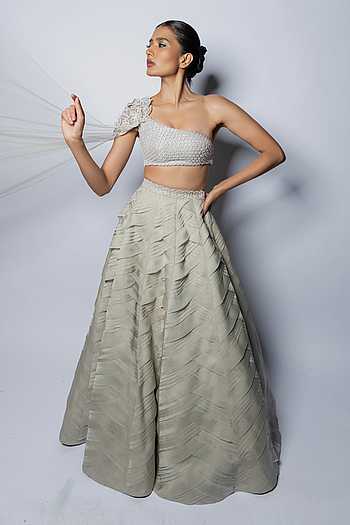 Buy Grey Lehenga Satin Organzza Pleated With Floral Applique Blouse Set ...