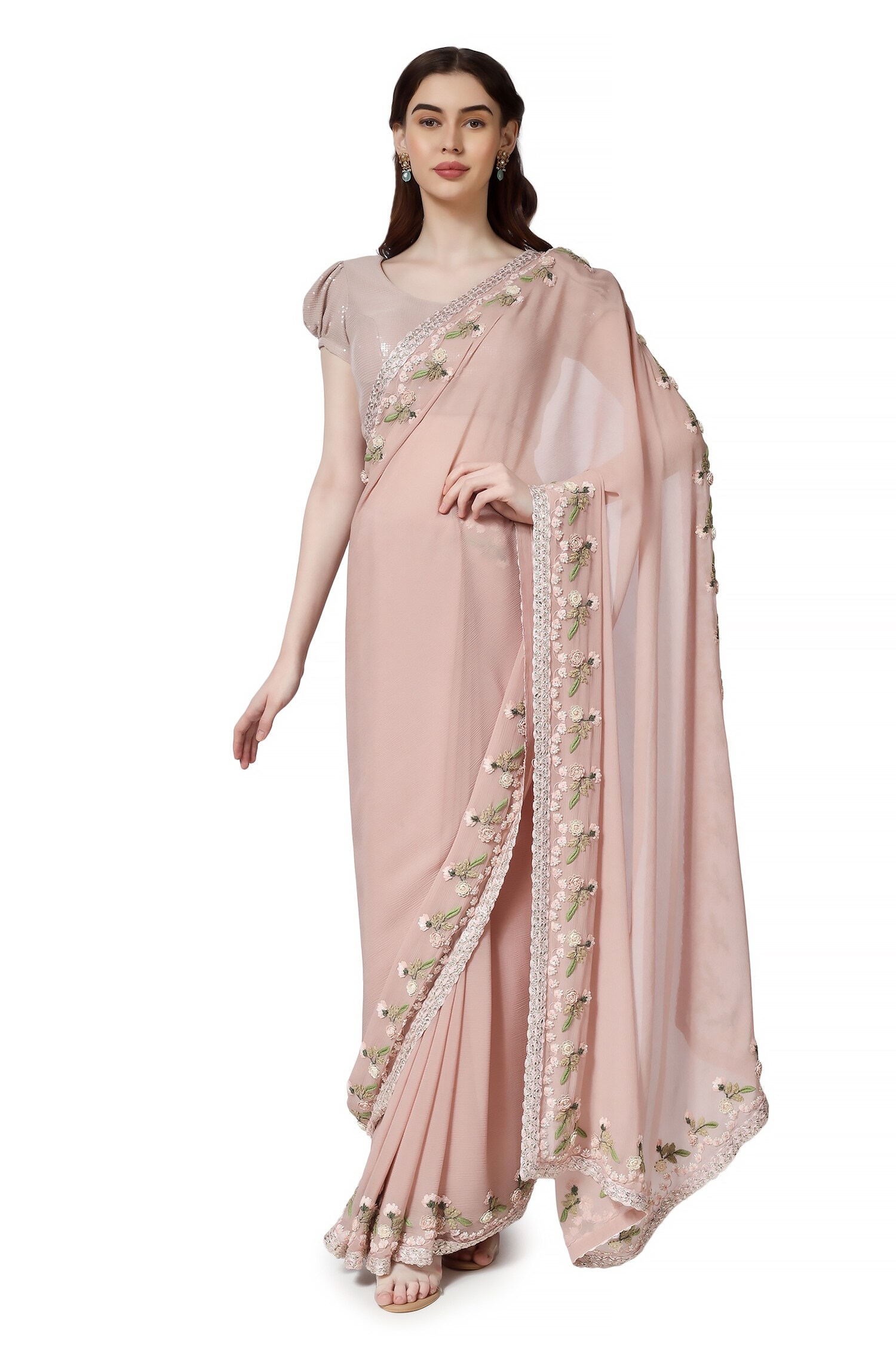 Buy Pink Chiffon Hand Embroidery Floral Leaping Flower Saree With ...