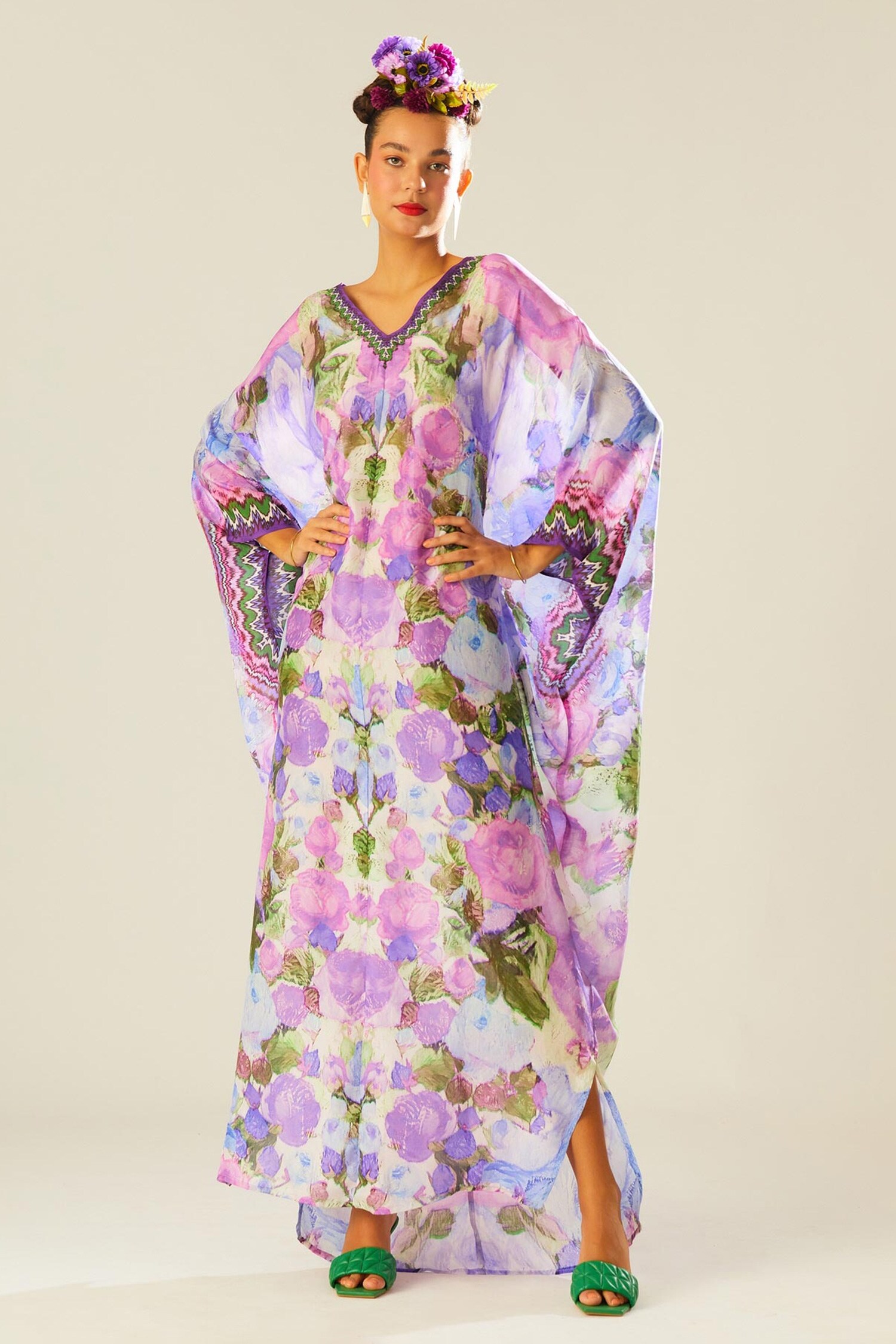 Buy Purple Silk Printed Floral V Neck Verusha Kaftan For Women by ...