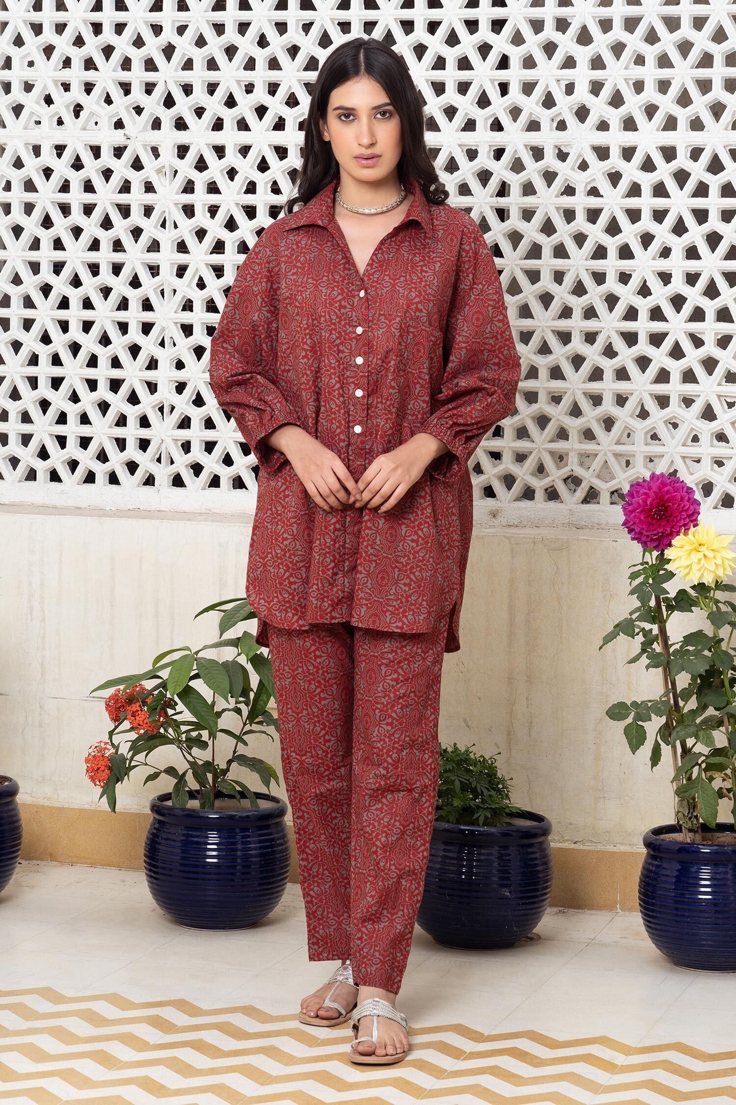 Buy Red Printed Short Shirt Kurta And Pant Set For Women by Rivaaj ...
