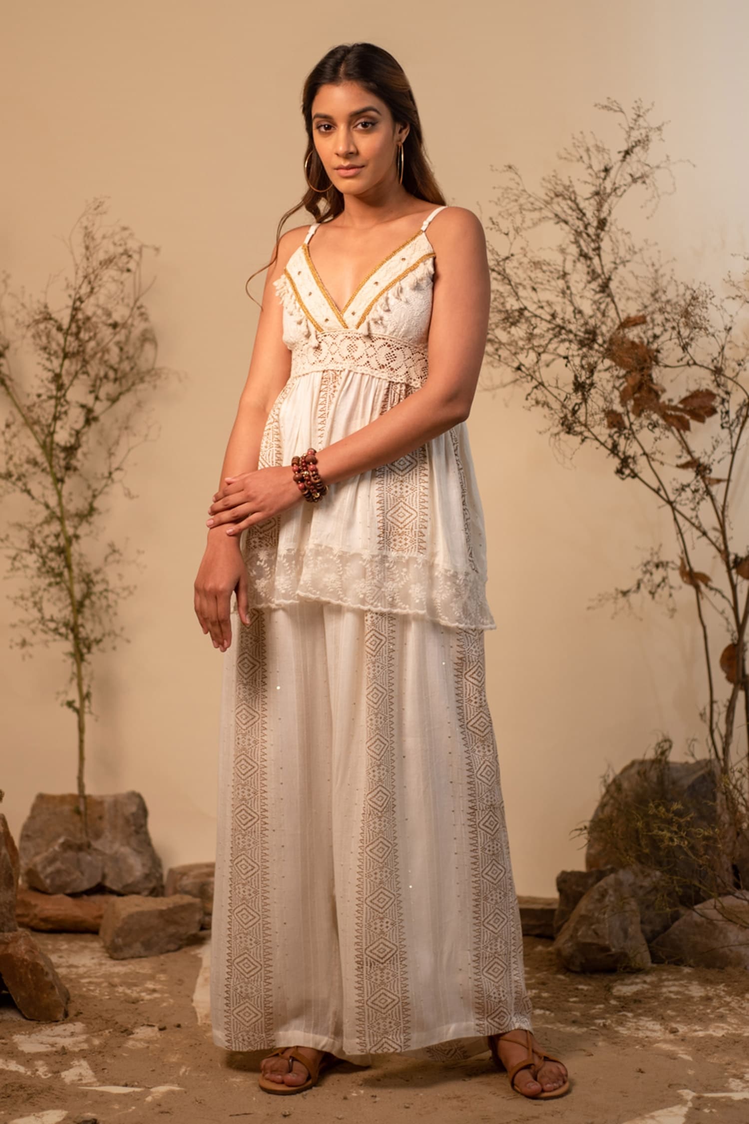 Buy Off White Rayon Lurex Printed And Embellished Geometric Top & Pant ...