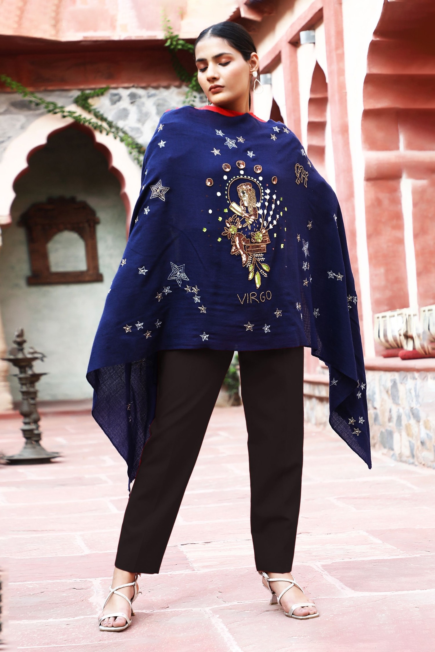 Buy Blue Embroidered Virgo Sequin Pipe And Thread Work Shawl by DUSALA ...