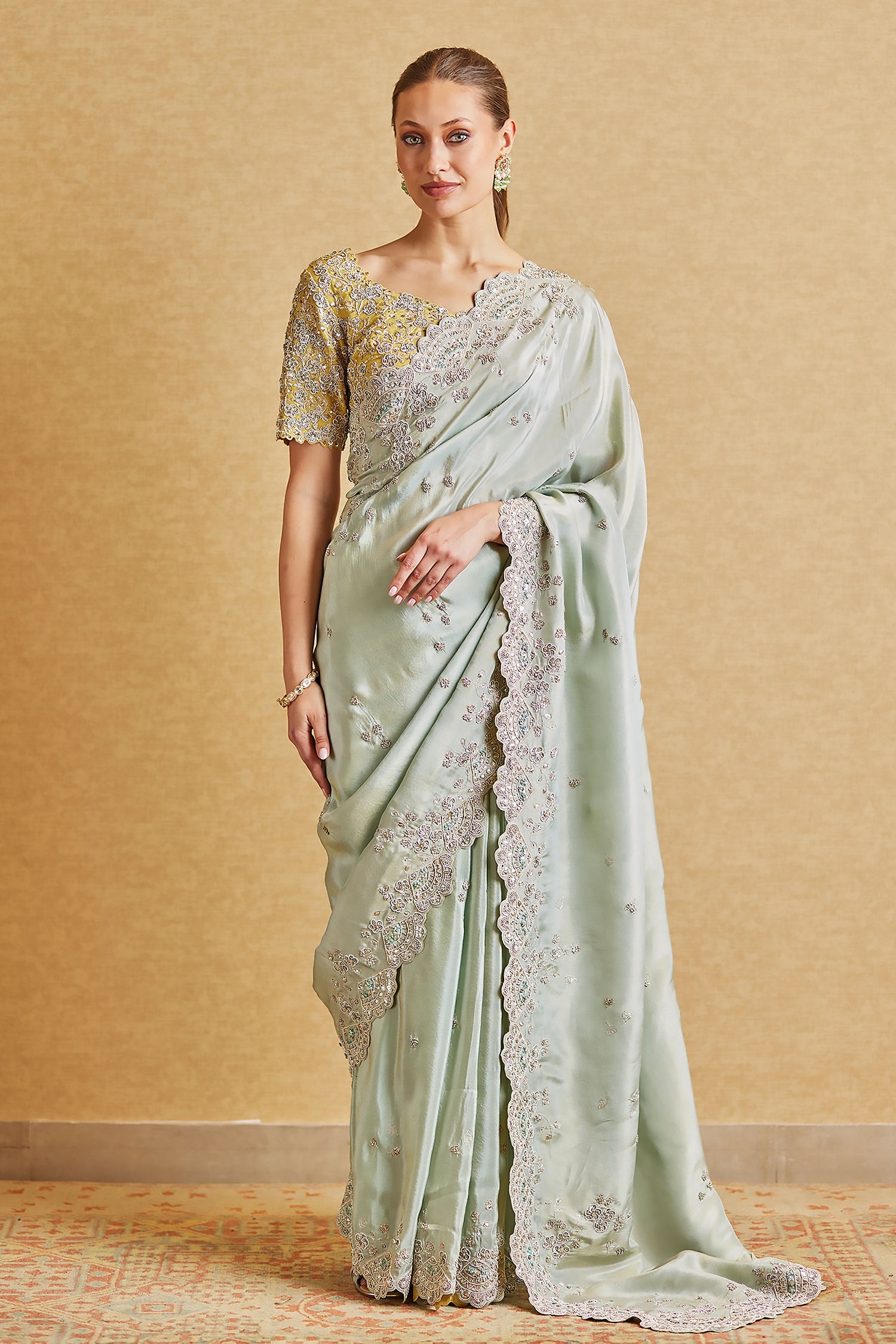 Buy Blue Tissue Silk Hand Embroidery Floral Scallop Trim Saree With ...