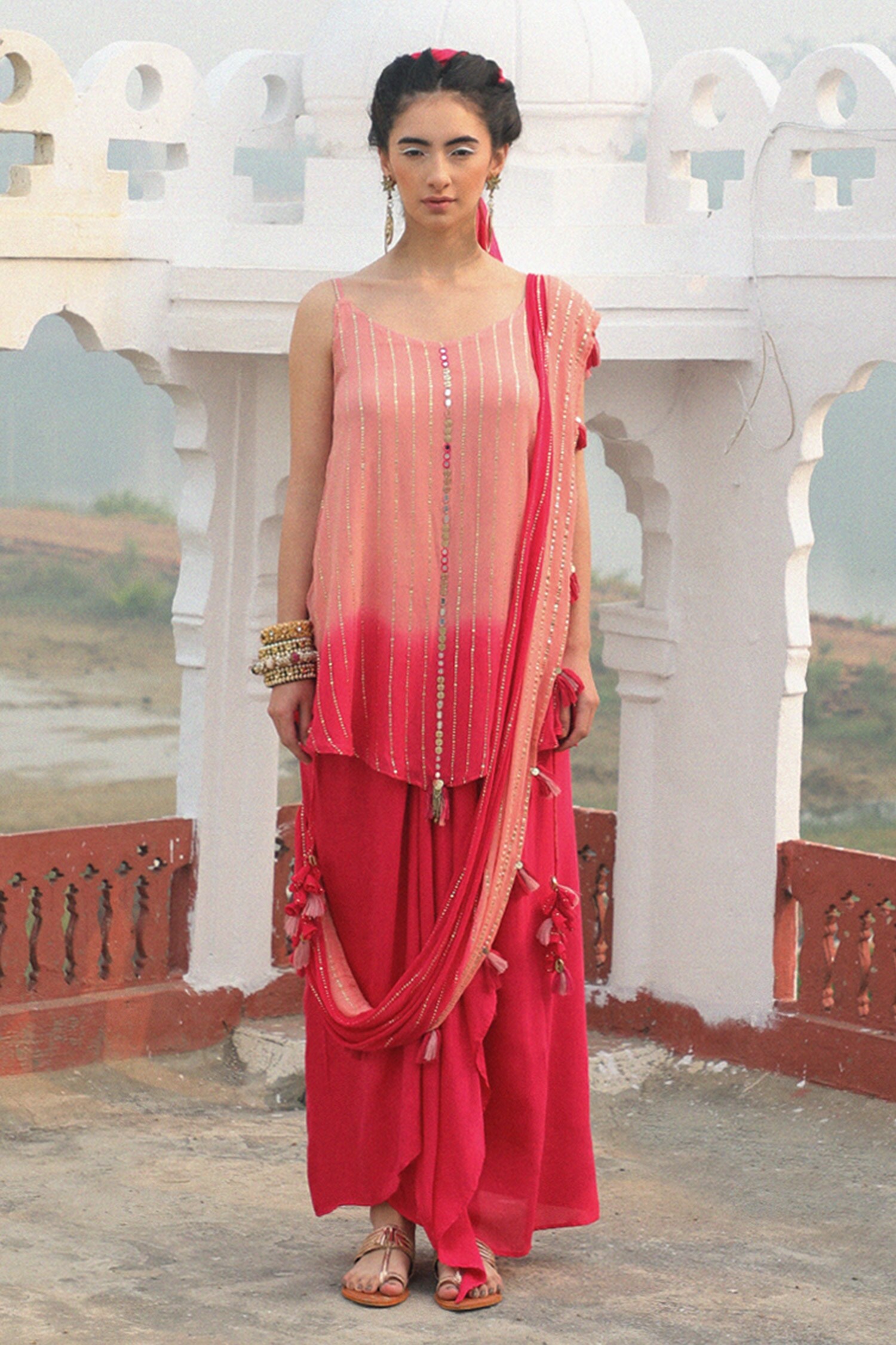 Buy Pink Shimmer Georgette And Muslin Pre-draped Skirt Saree With Tunic ...