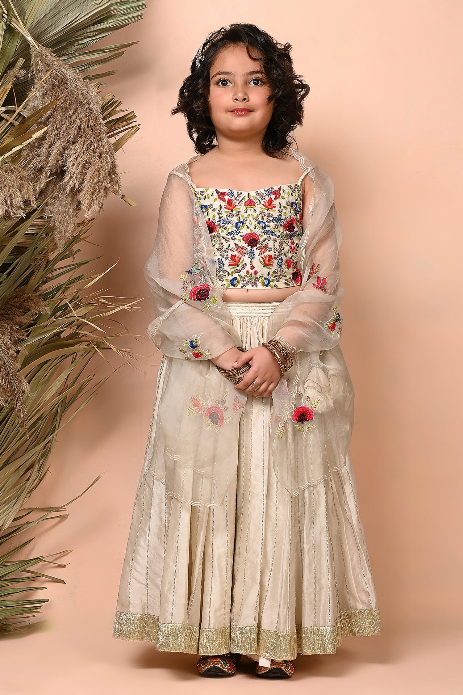 Buy Ivory Lehengaand Blouse Chanderi Embroidered Dori French Knot Set ...