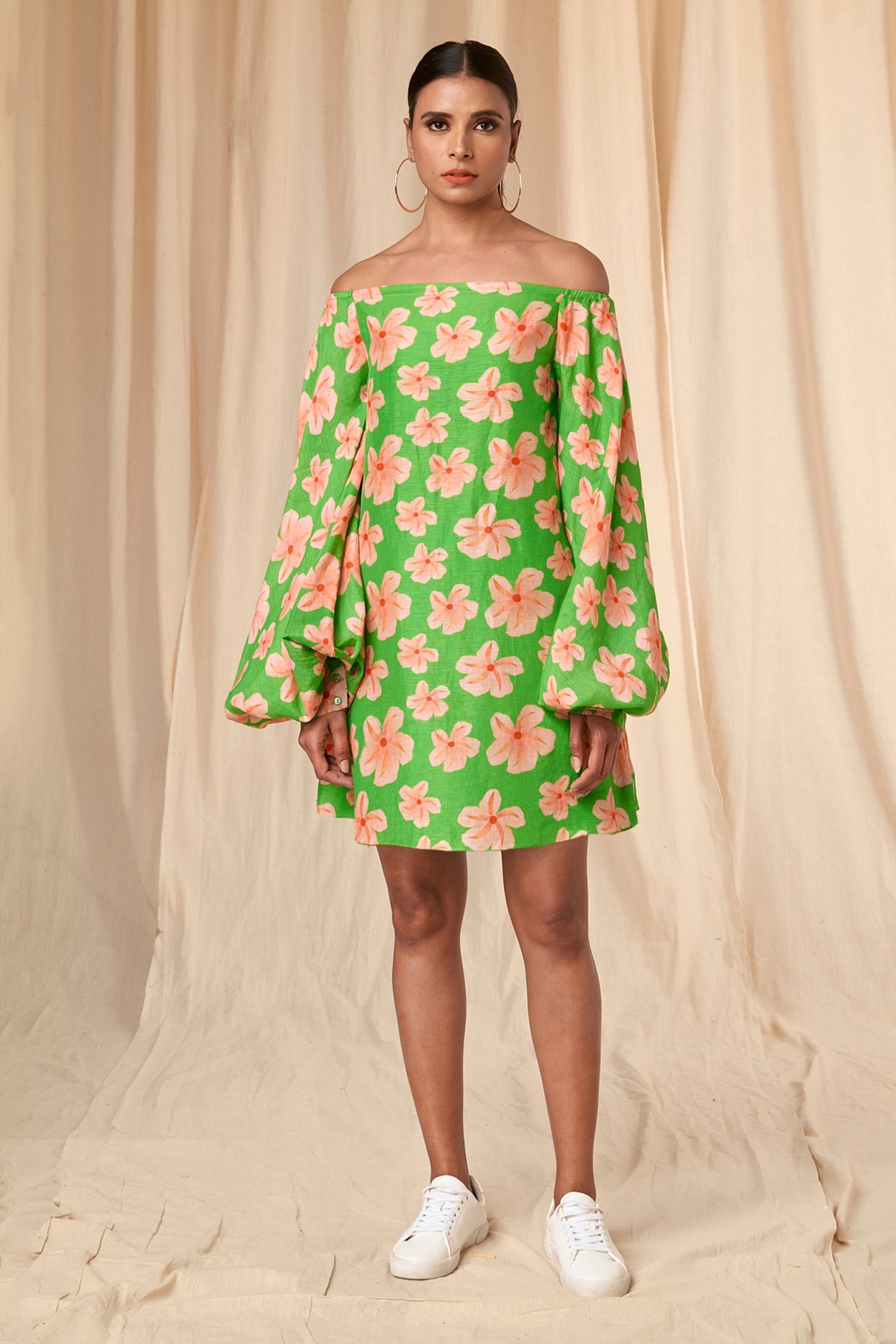 Buy Masaba Green Bemberg Linen Kat Flower Passion Print Off Shoulder ...