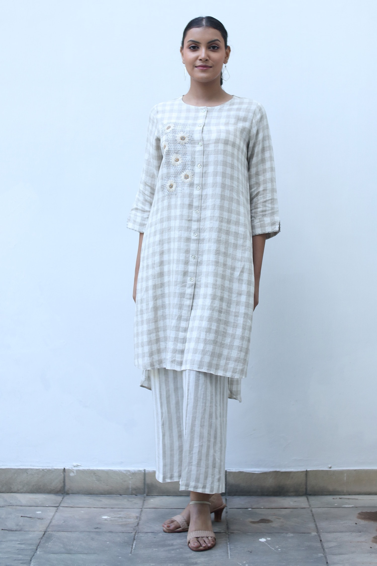 Buy Beige 100% Linen Embroidery Thread Round Checkered Tunic For Women ...