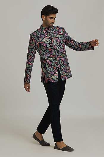 Buy Multi Color Suede Multi-textured Jodhpuri Jacket And Pant Set For ...